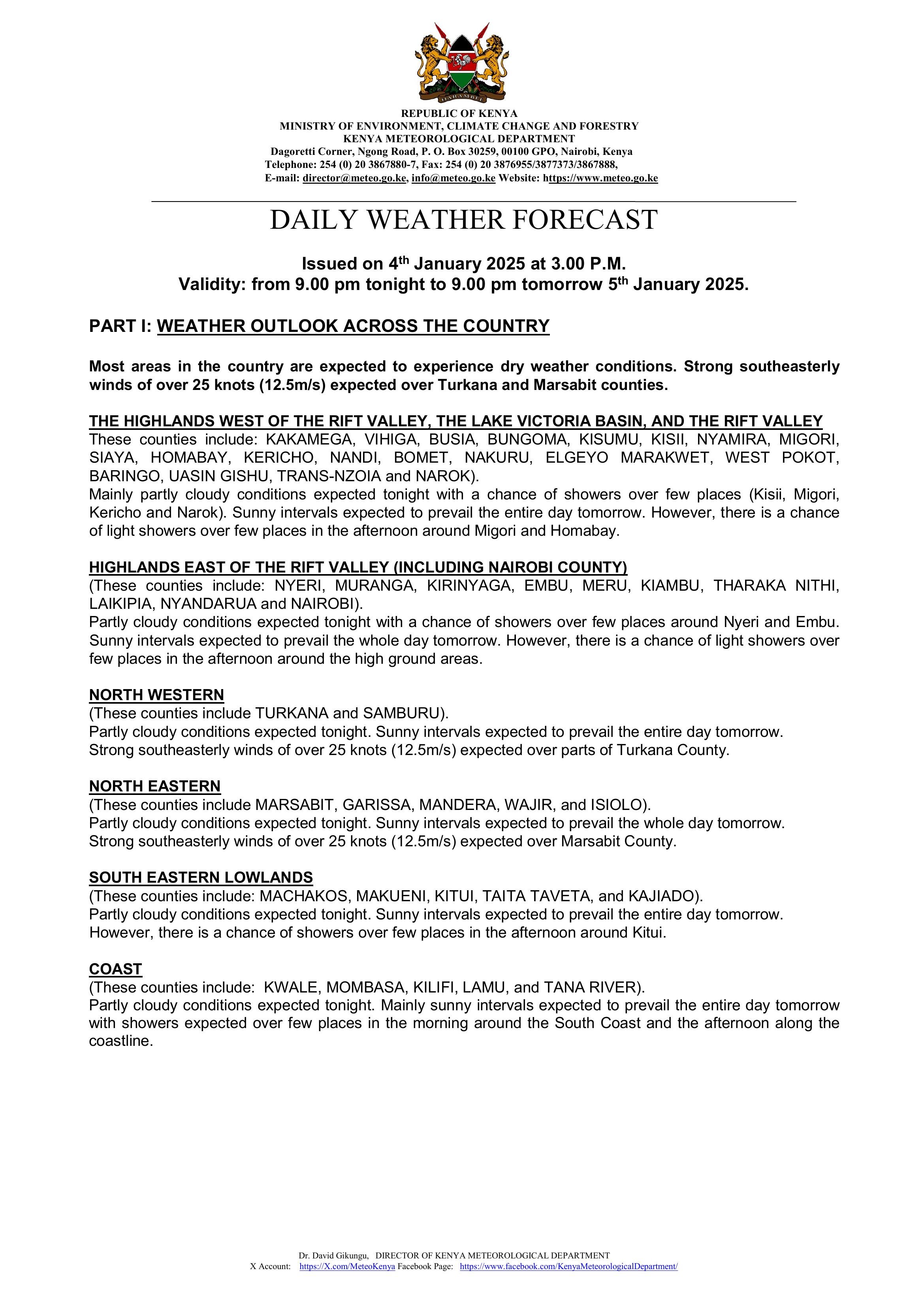 Daily weather forecast valid 5th January 2025