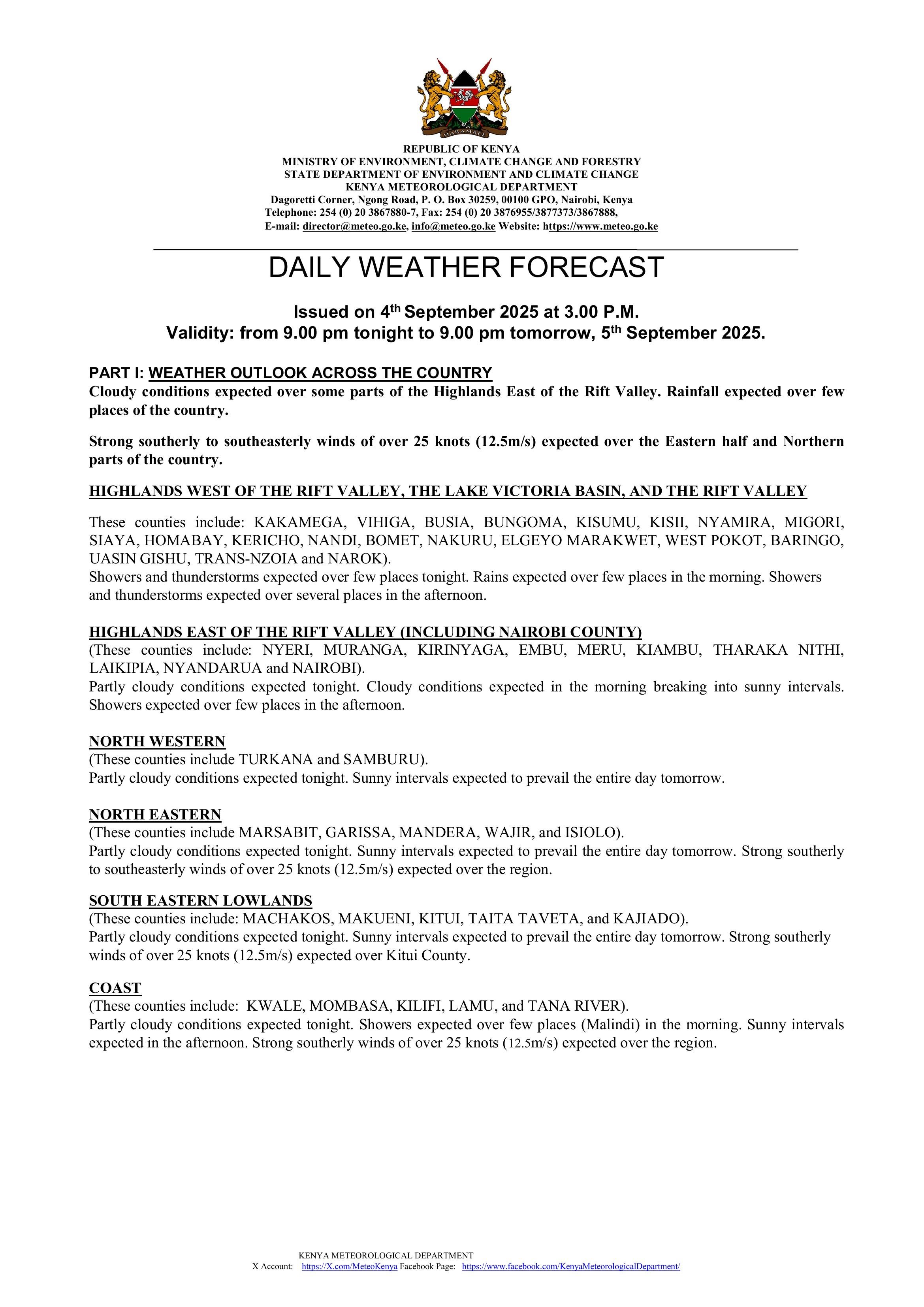 Daily weather forecast 5th Sept 2025