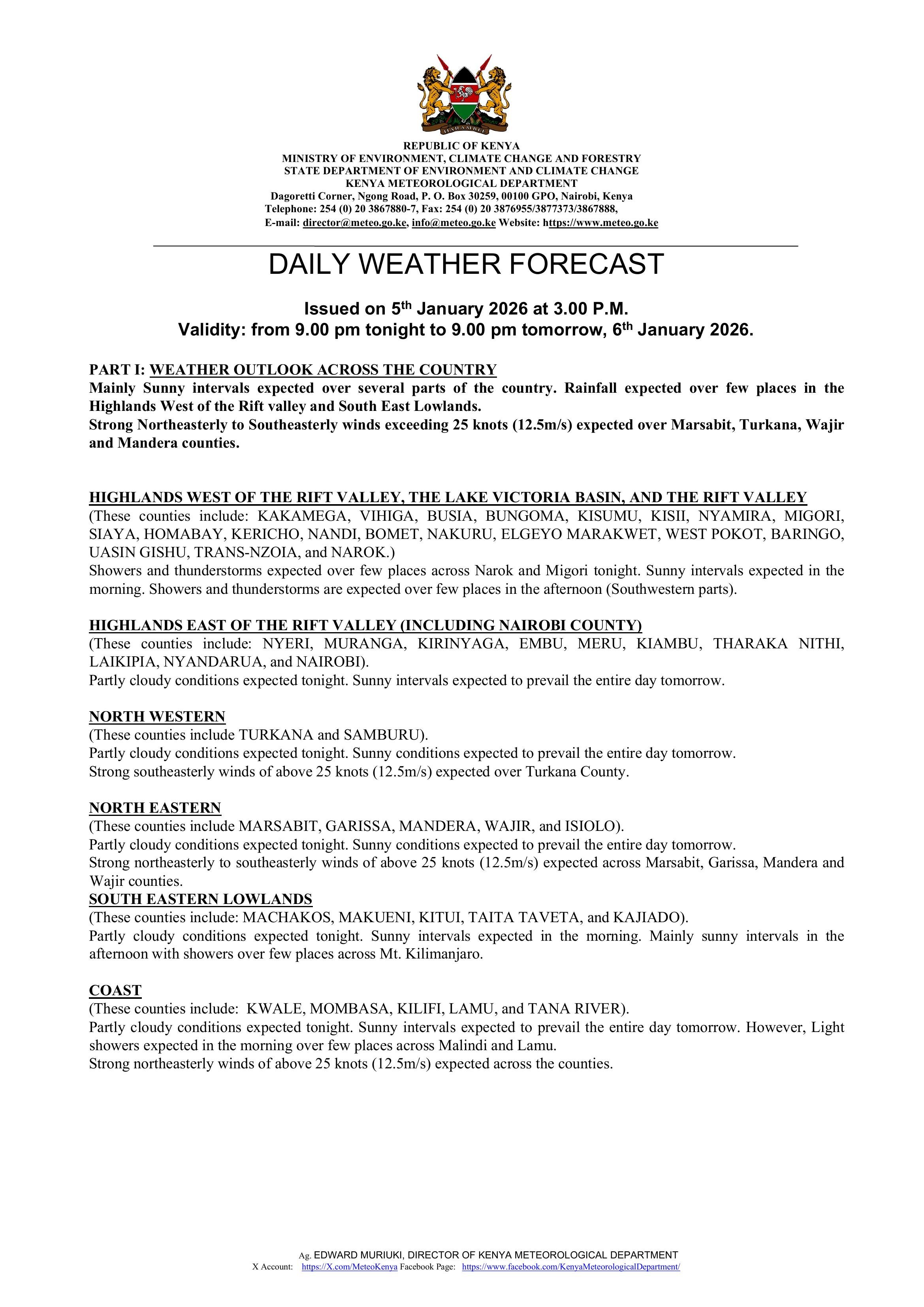 Daily Weather Forecast valid 6th January 2026