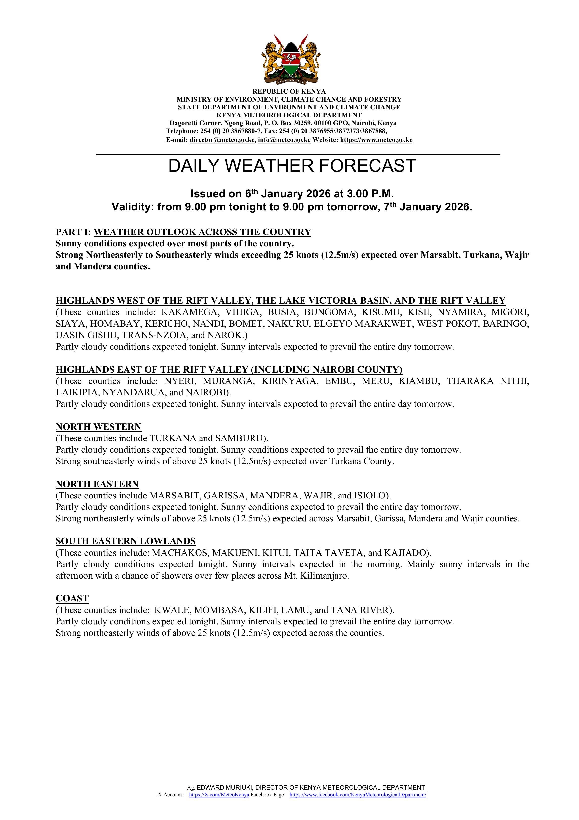 Daily Weather Forecast valid 7th January 2026