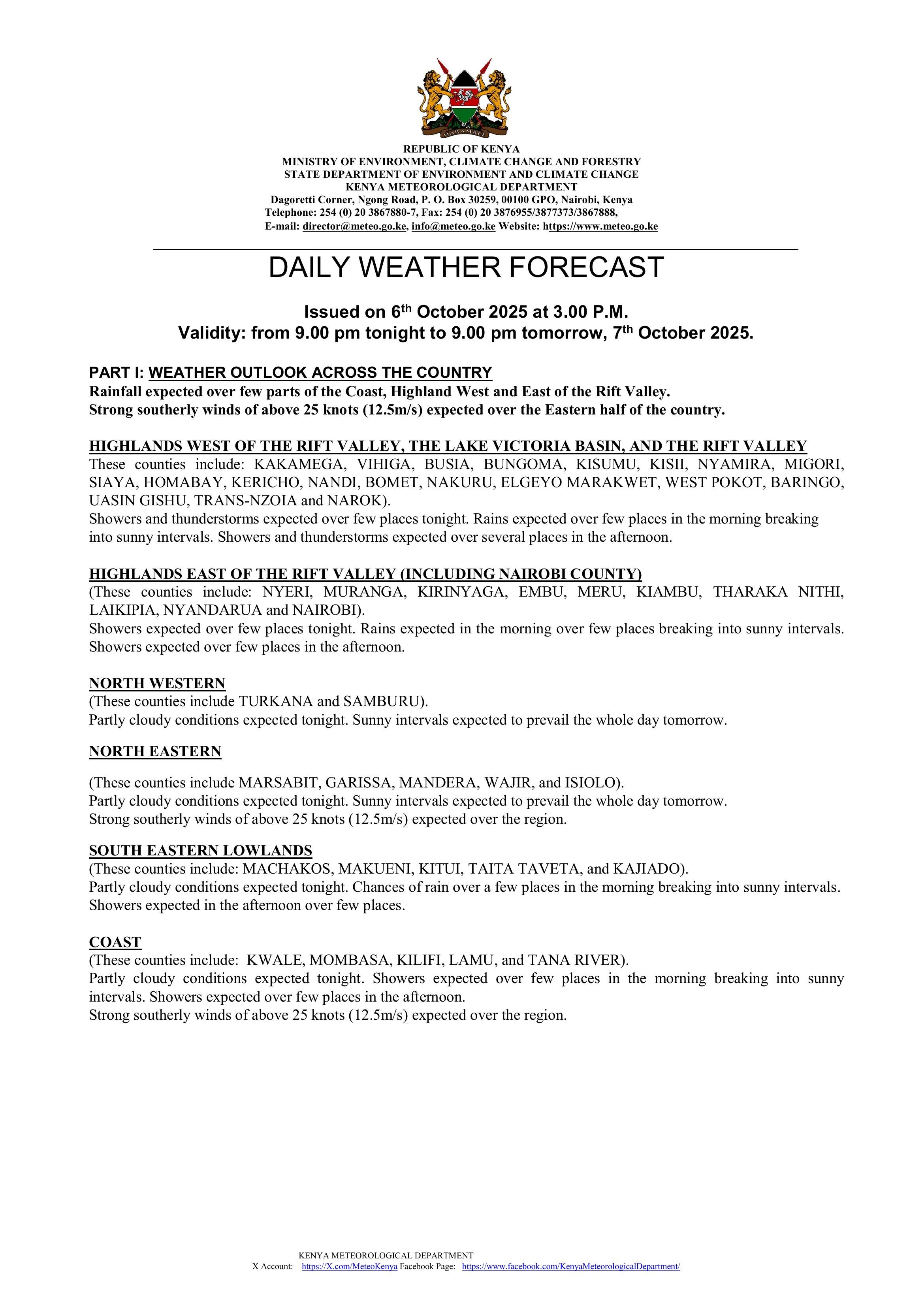 Daily weather forecast valid 7th October 2025