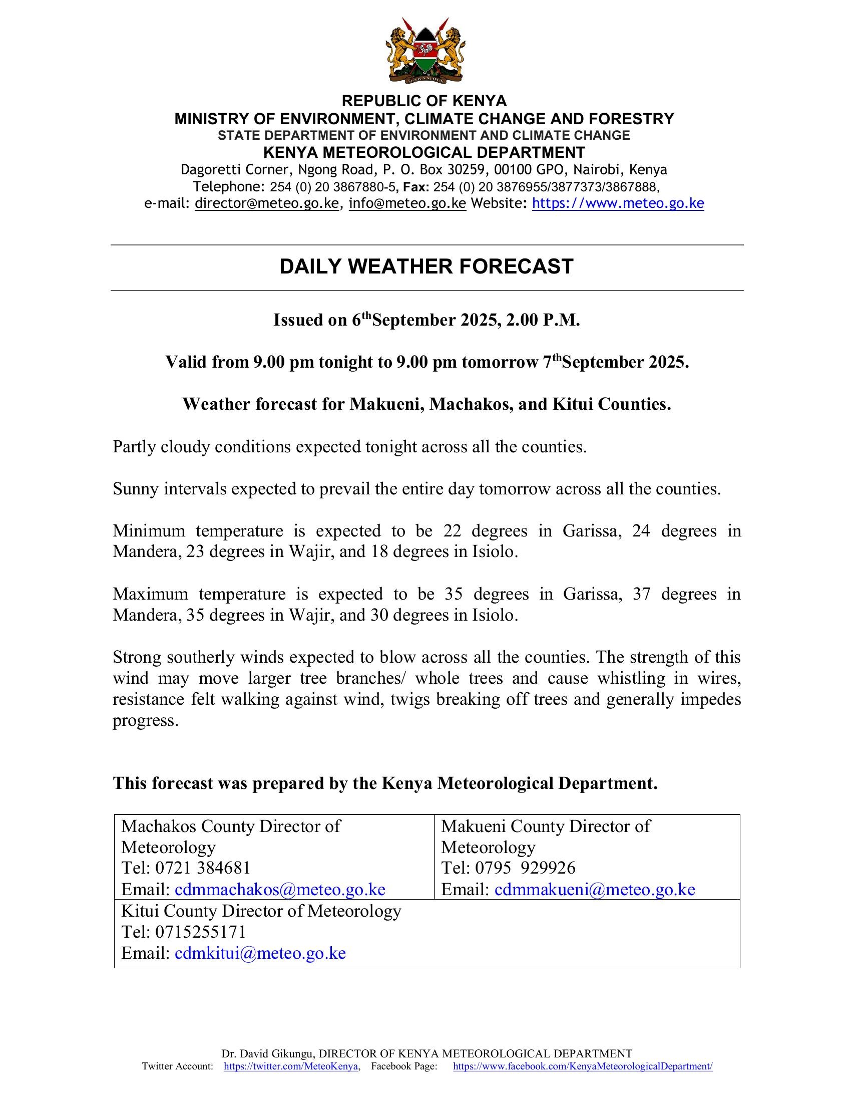 Daily weather forecast valid 7th Sept. 2025