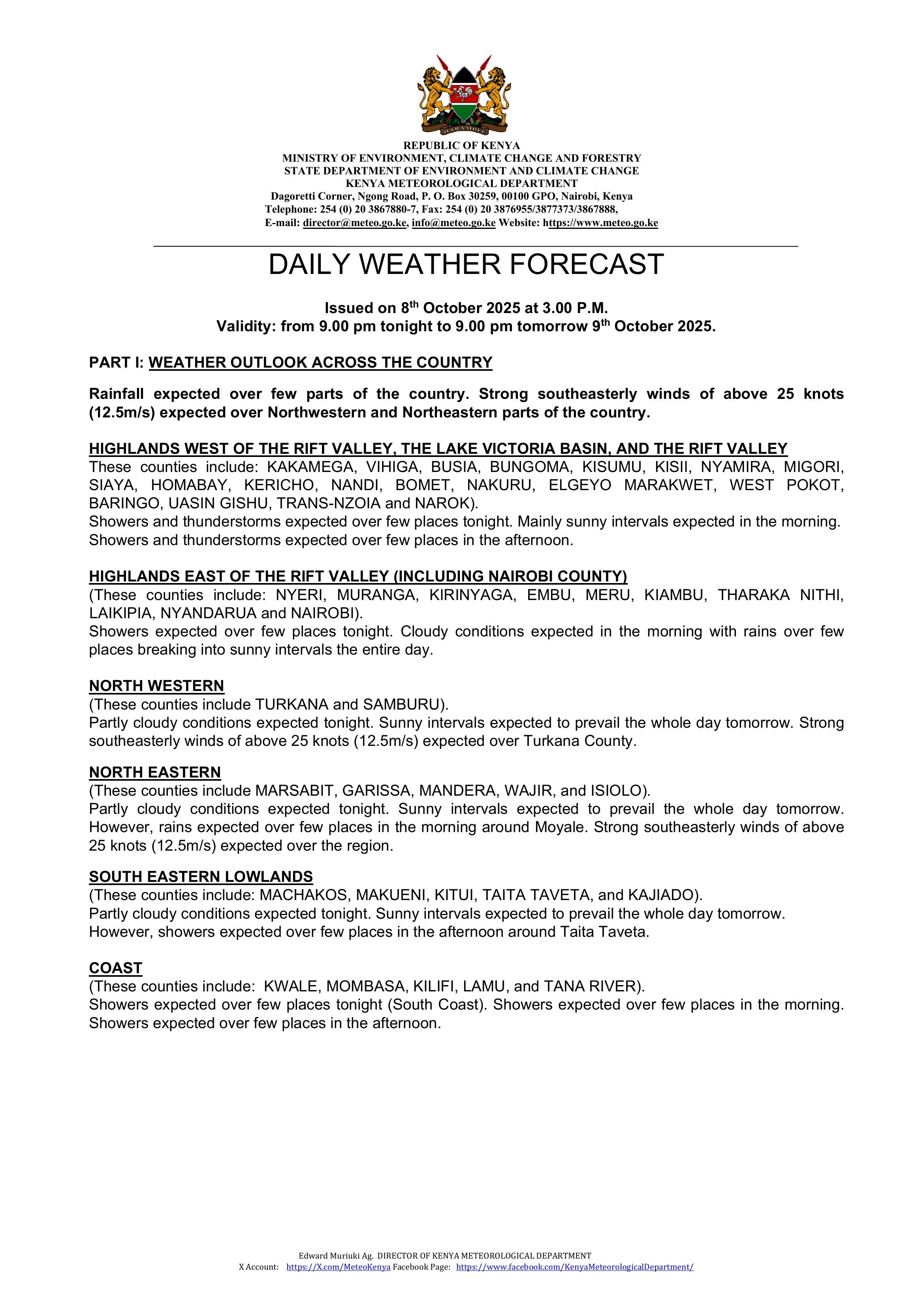 Daily weather forecast valid 9th October 2025