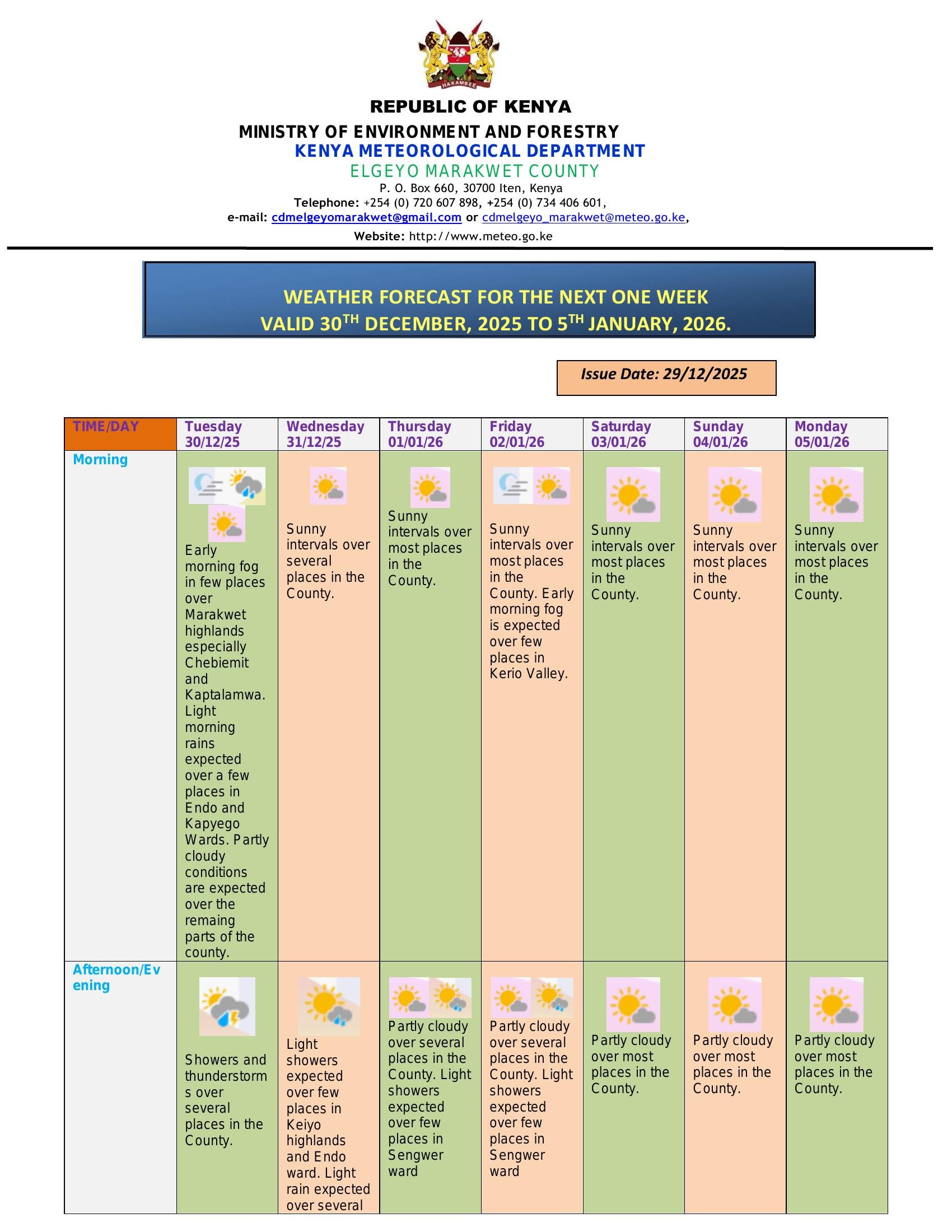 Elgeyo Marakwet County Weekly (30th Dec. 2025 to 5th Jan 2026)