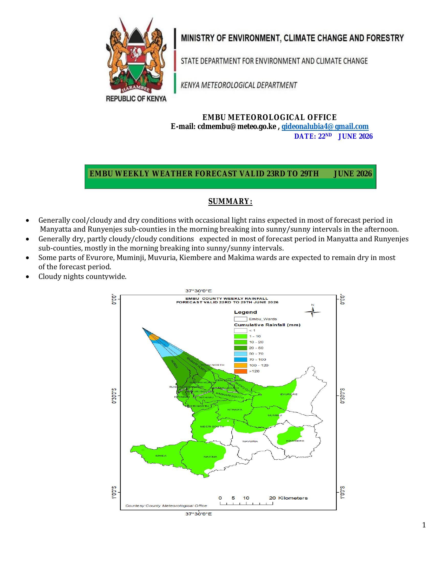 Embu County Weekly Weather Forecast Valid 23 to 29th June 2026