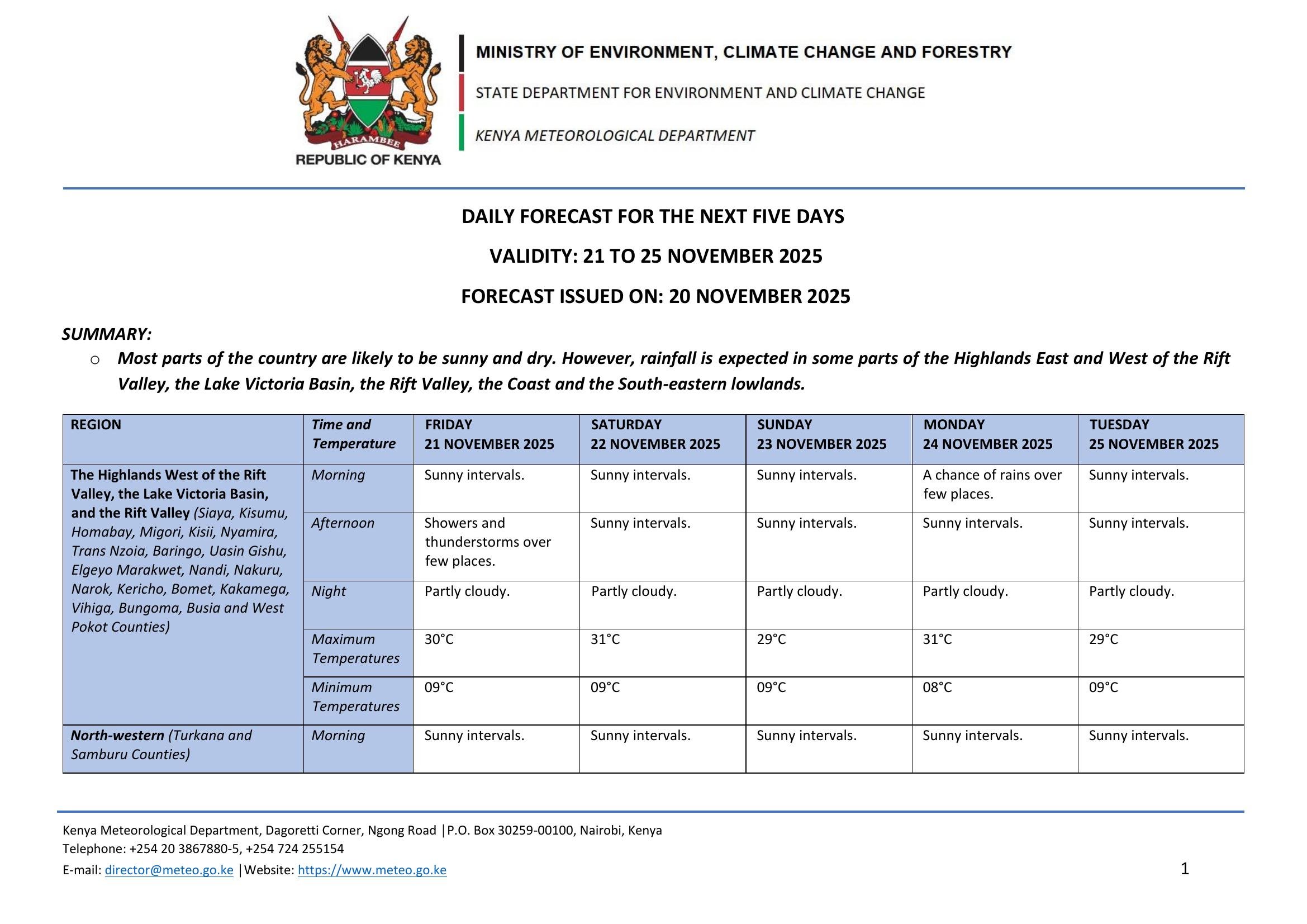 FIVE DAY FORECAST (21-25 Nov 2025)