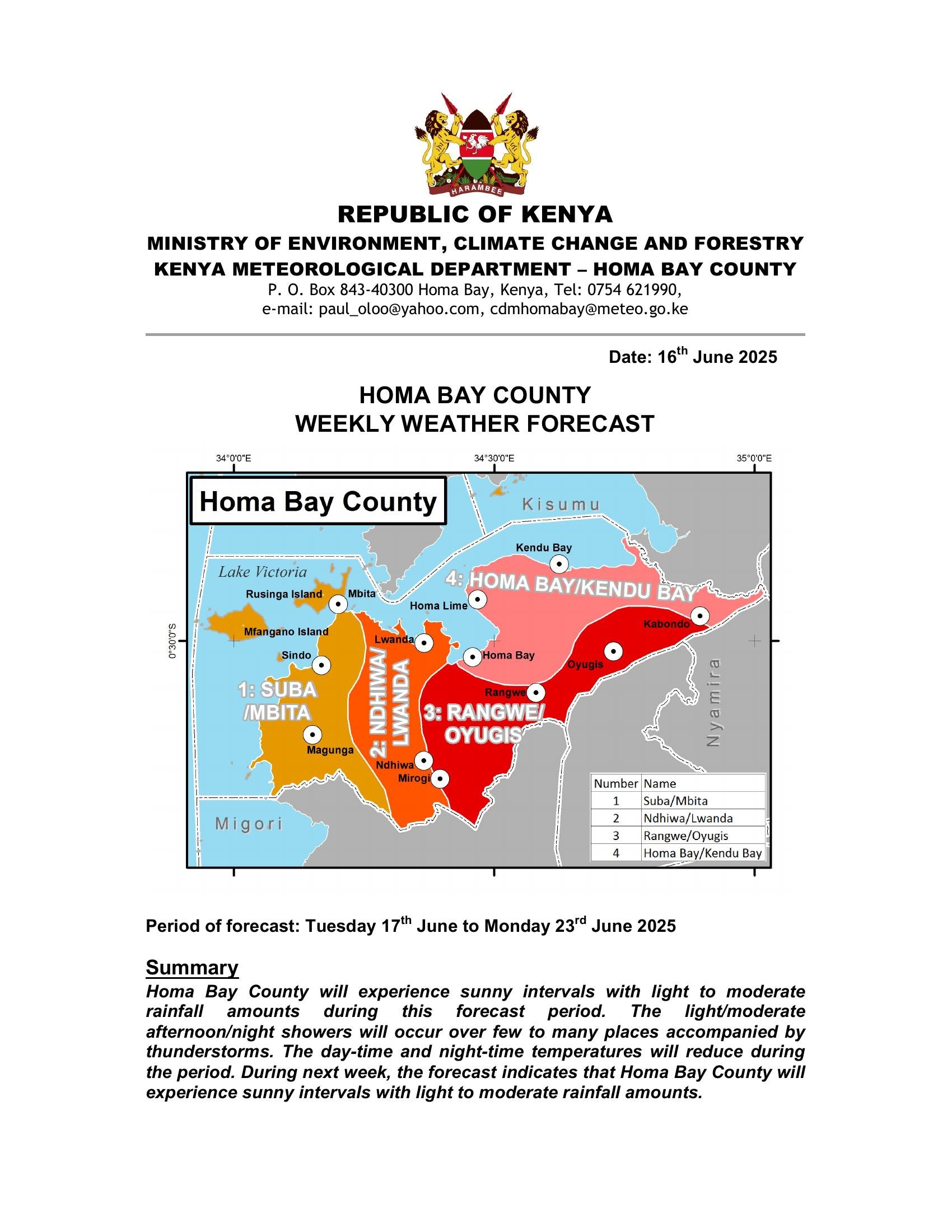 Homa Bay weekly forecast(17-23 June 2025)