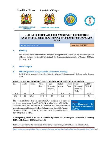 MALARIA EPIDEMIC EARLY WARNING PREDICTION SYSTEM FOR WESTERN KENYA ...