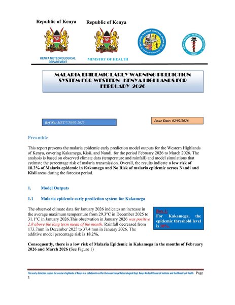 MALARIA EPIDEMIC EARLY WARNING PREDICTION SYSTEM FOR WESTERN KENYA ...