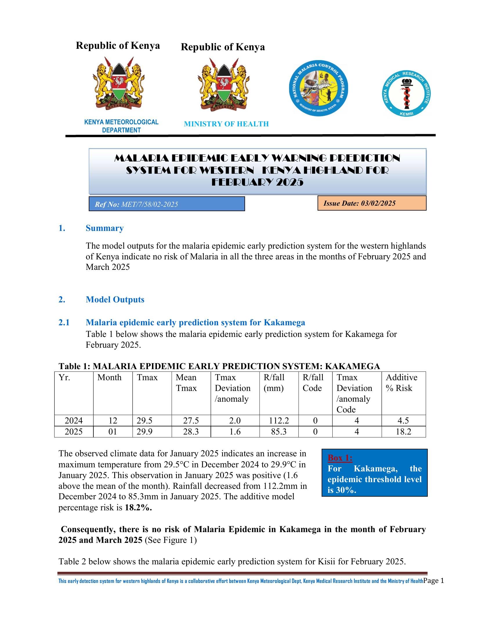 Malaria Epidemic Prediction Early Warning System