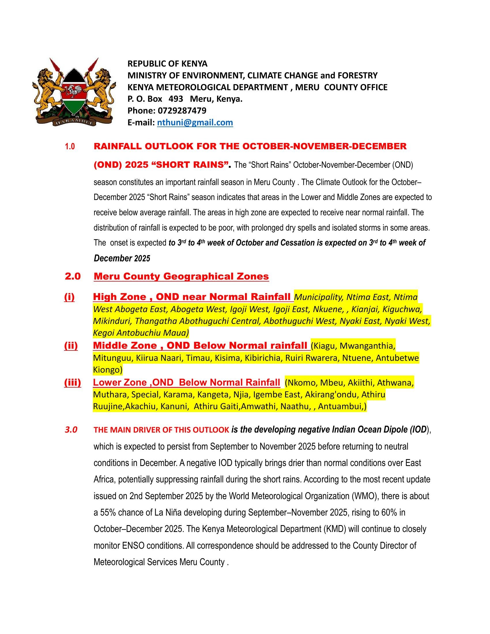 Meru County OND 2025 Seasonal Forecast_