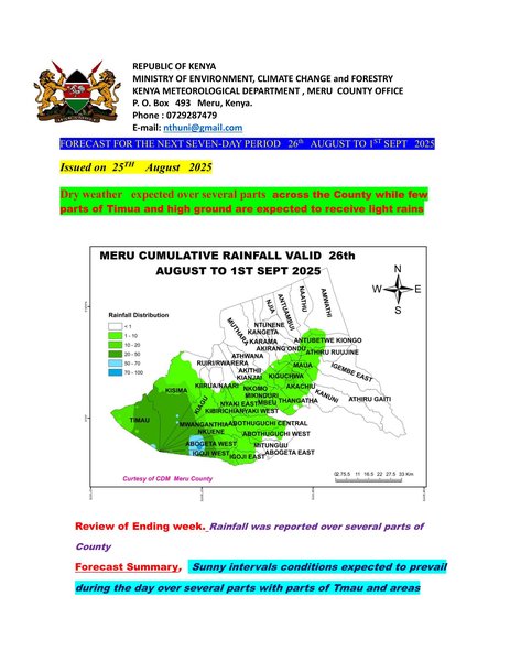 Meru County Weekly forecast ( 26th August to 1st Sept. 2025)