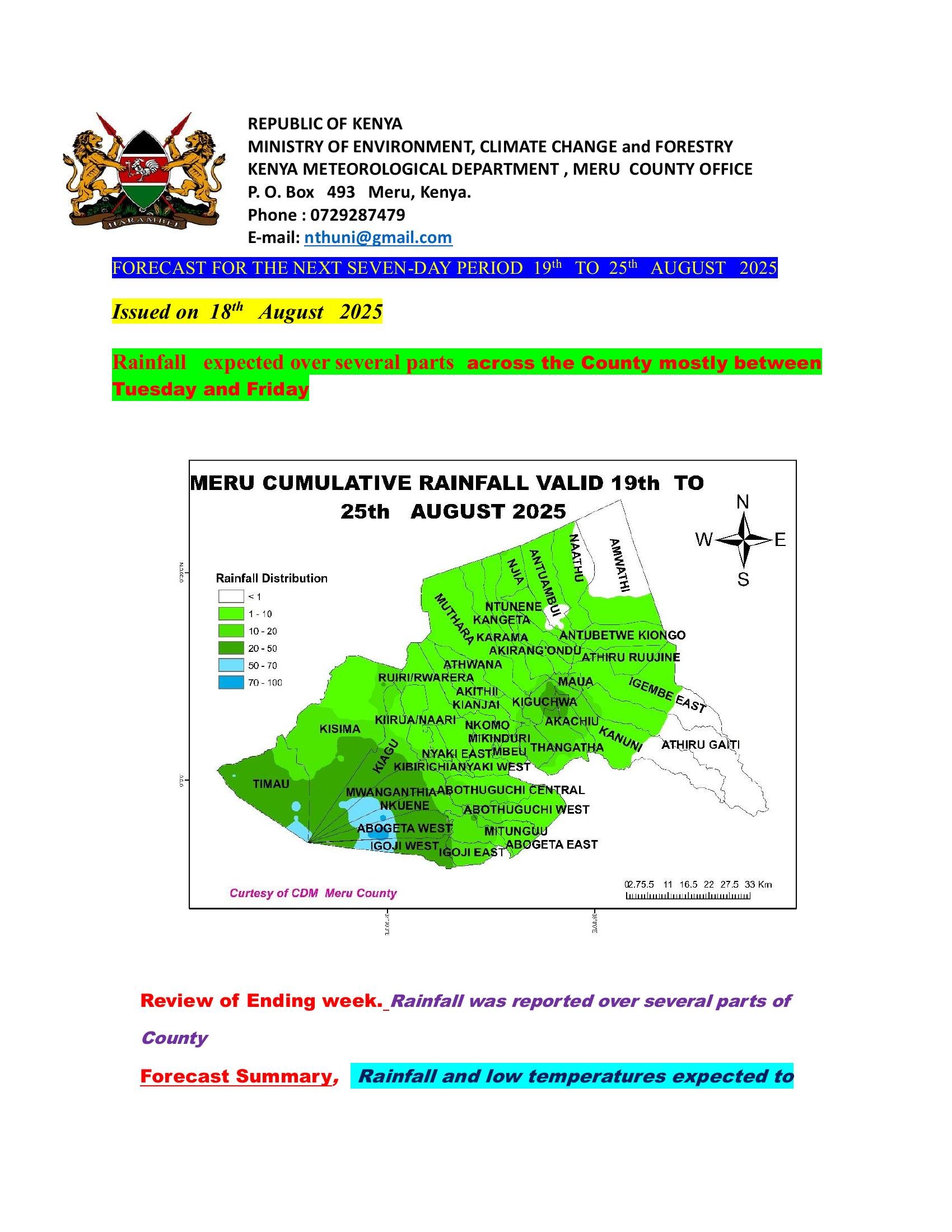 Meru County weekly forecast(19-25 Aug. 2025)