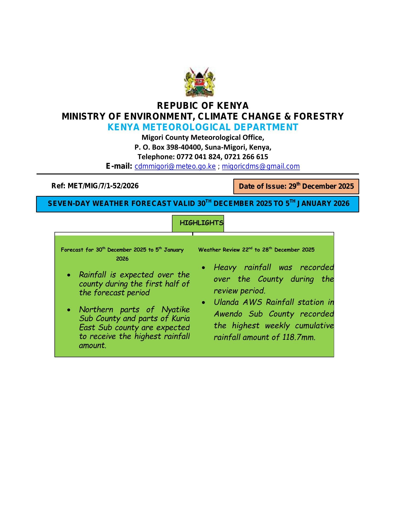 Migori County Weekly (30th Dec. 2025 to 5th Jan 2026)
