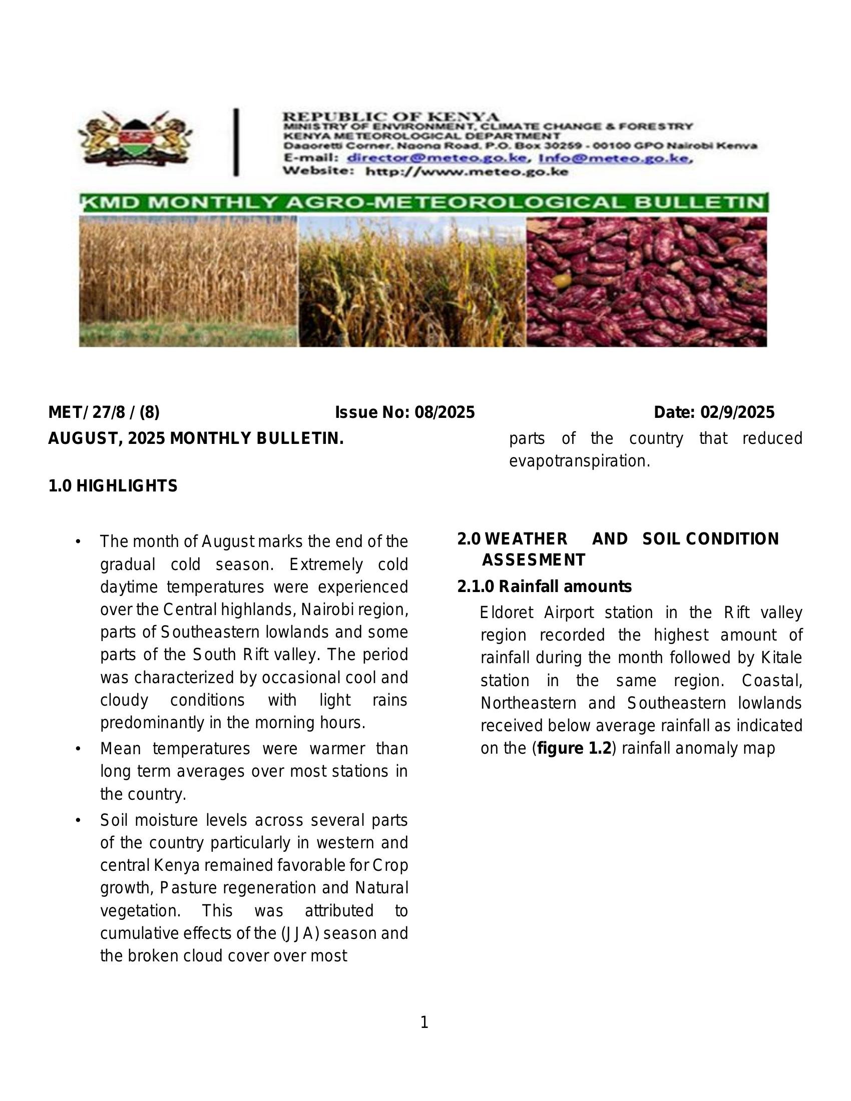 Monthly Agromet Bulletin August 2025