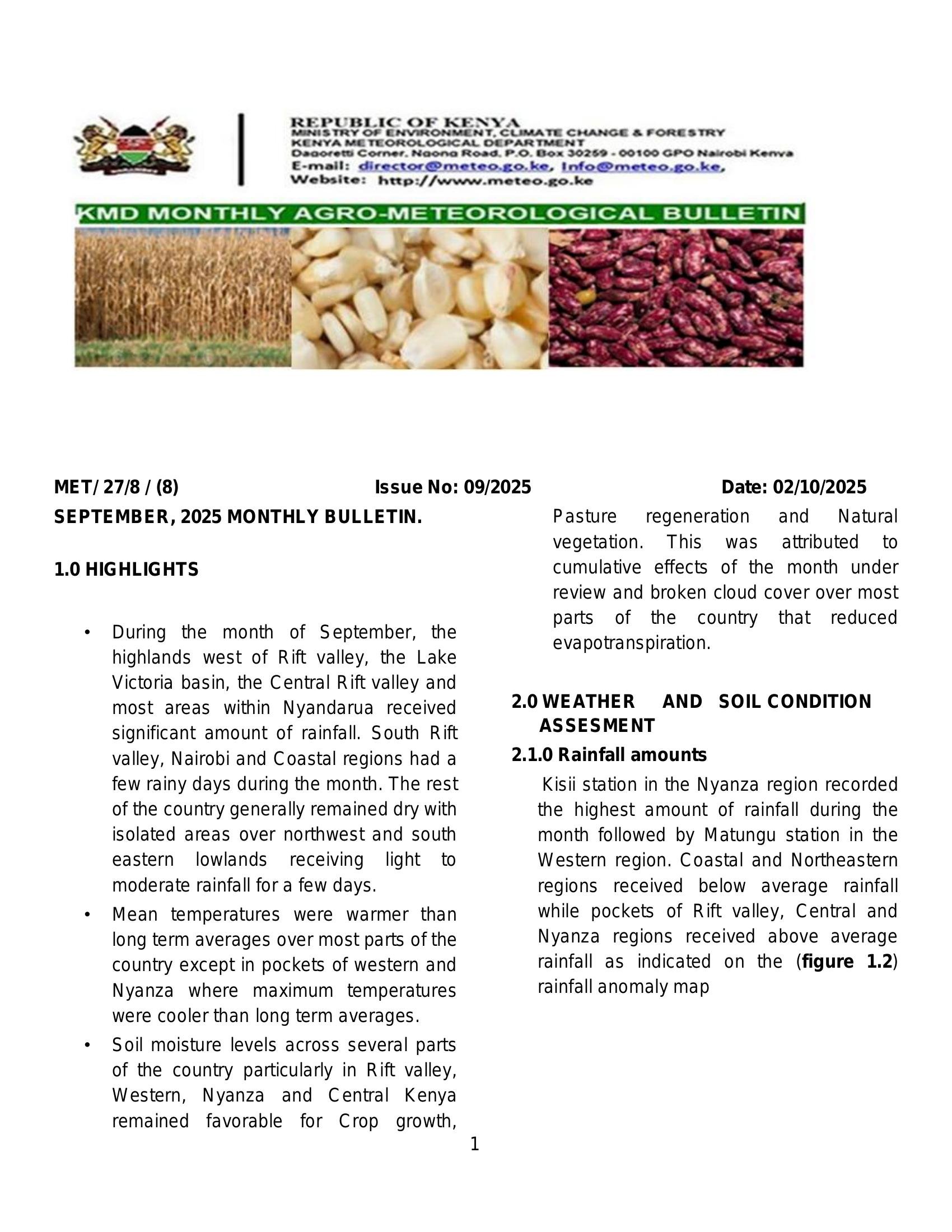 Monthly Agromet Bulletin September 2025.