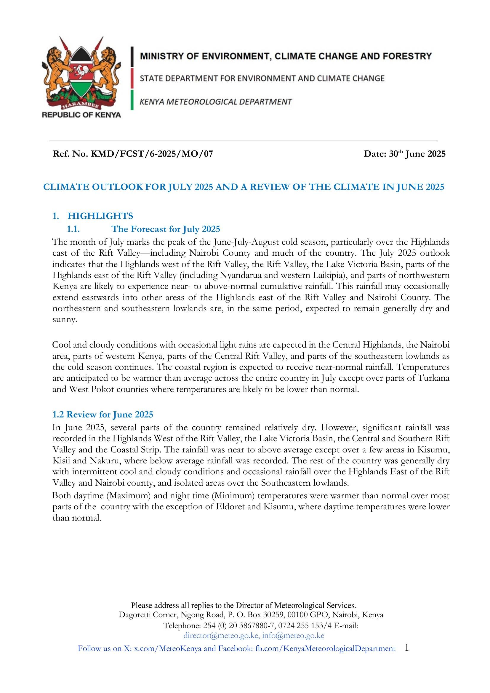 Monthly Weather Forecast for July 2025