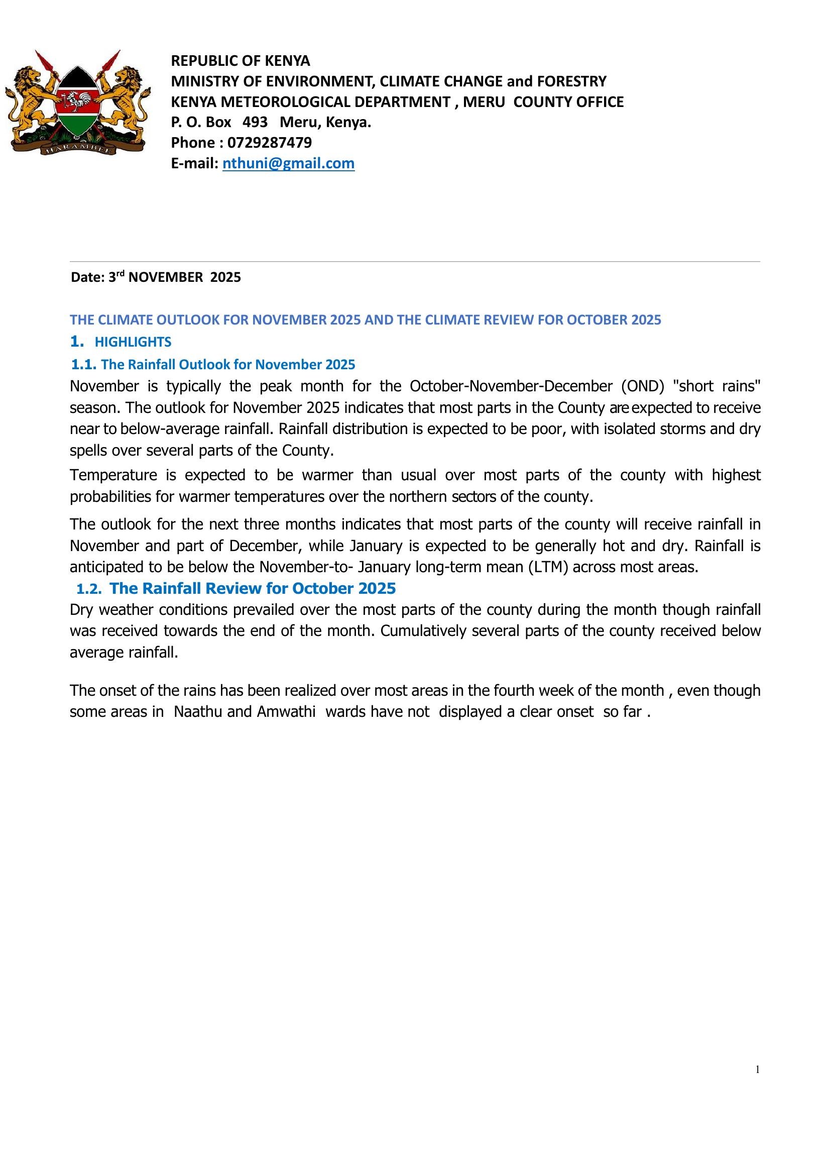November 2025 Meru County Monthly forecast