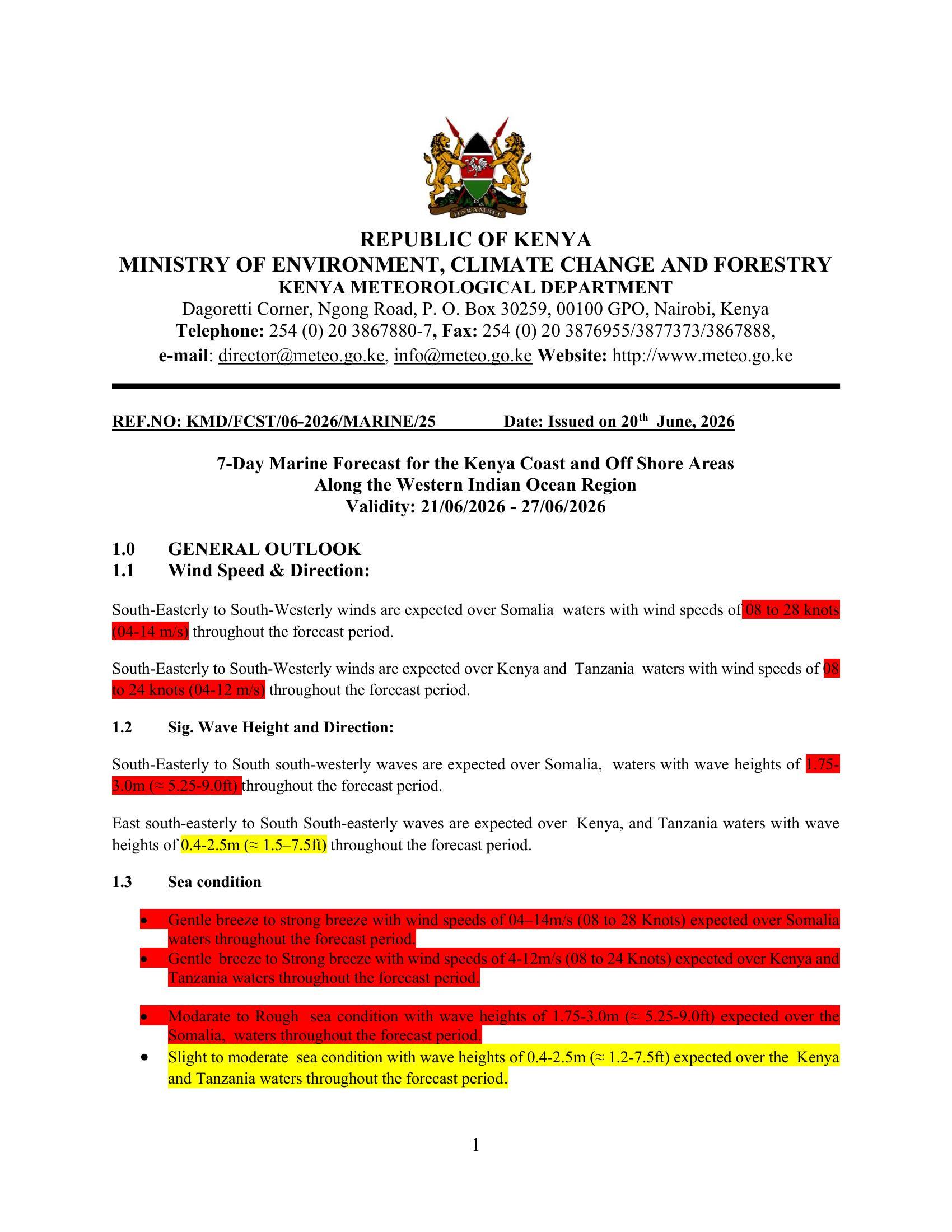 7 Days Marine Forecast valid 21st June 2026