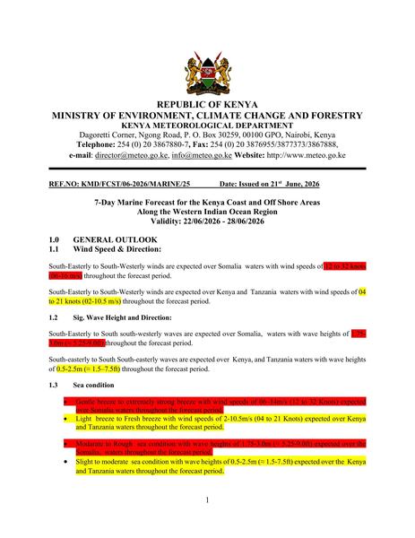 7 Days Marine Forecast valid 22nd to 28th June 2026