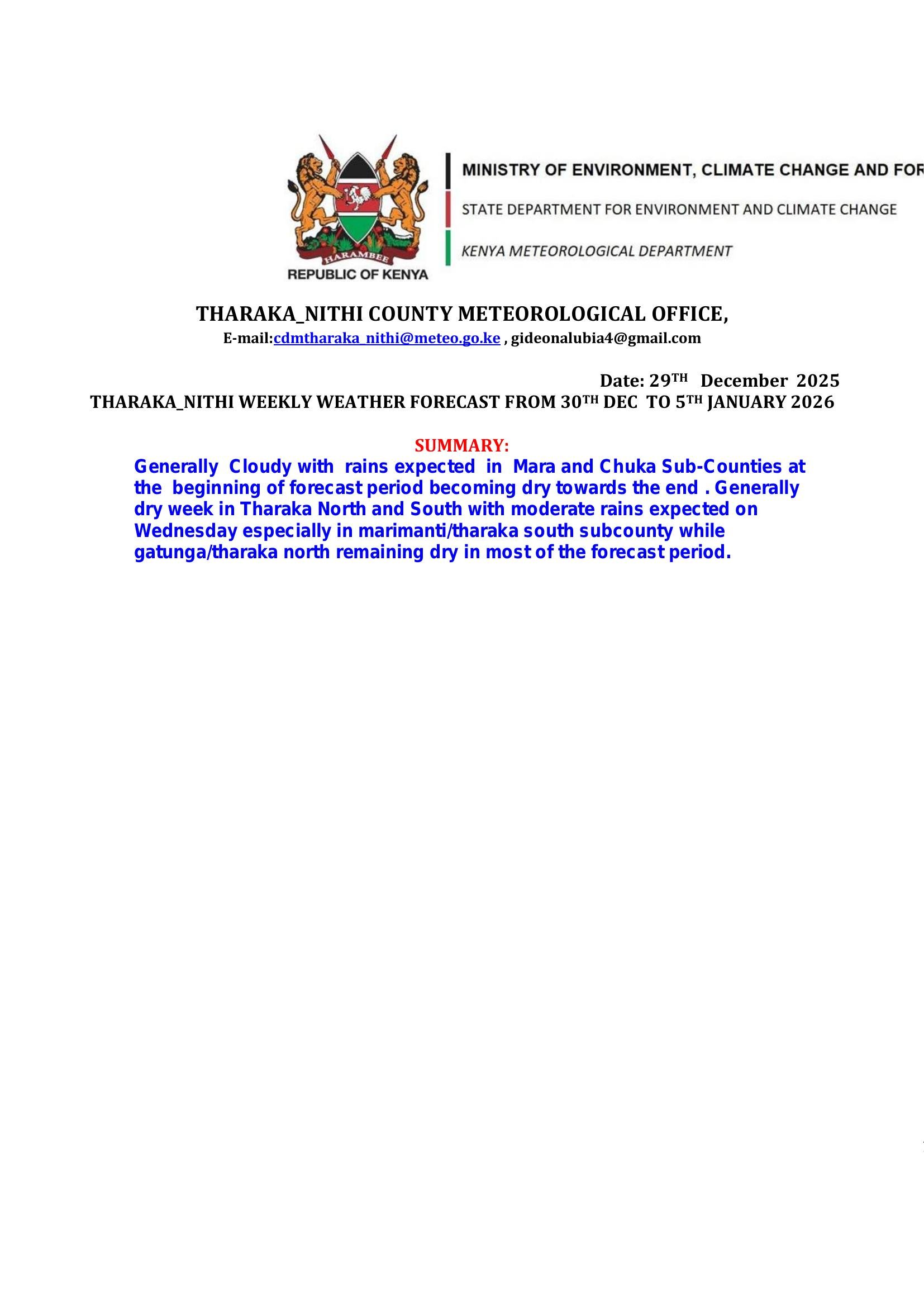 Tharaka-Nithi County Weekly (30th Dec. 2025 to 5th Jan 2026)