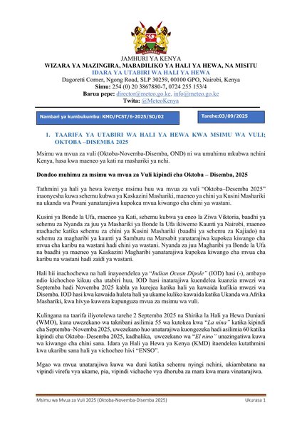 OND 2025 Utabiri wa msimu wa mvua za vuli