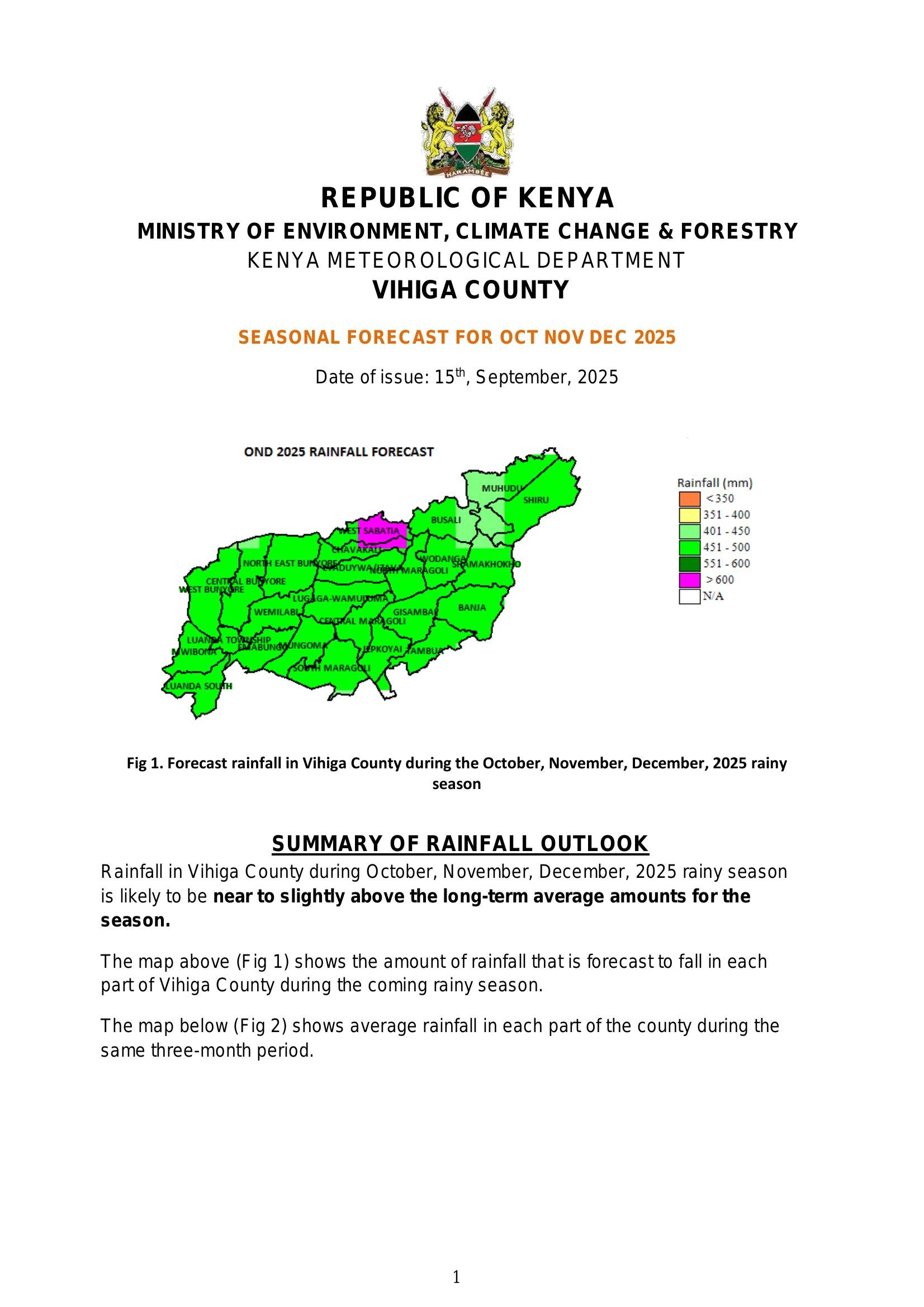 Vihiga County OND 2025 Seasonal forecast