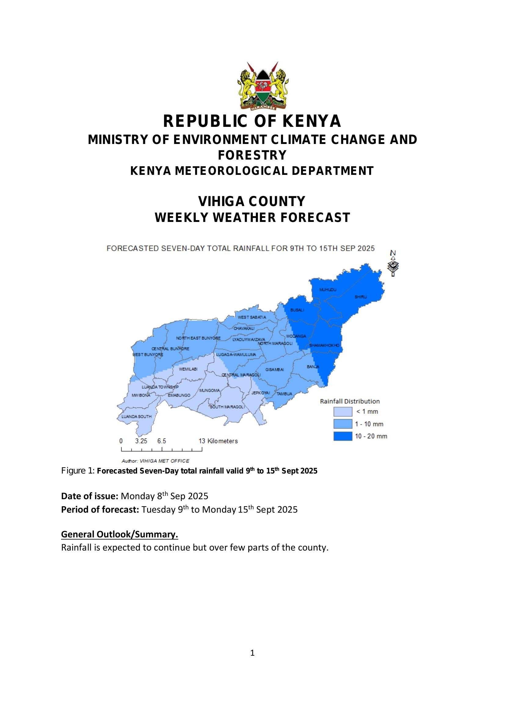 Vihiga County weekly forecast ( 9-15 Sept. 2025)