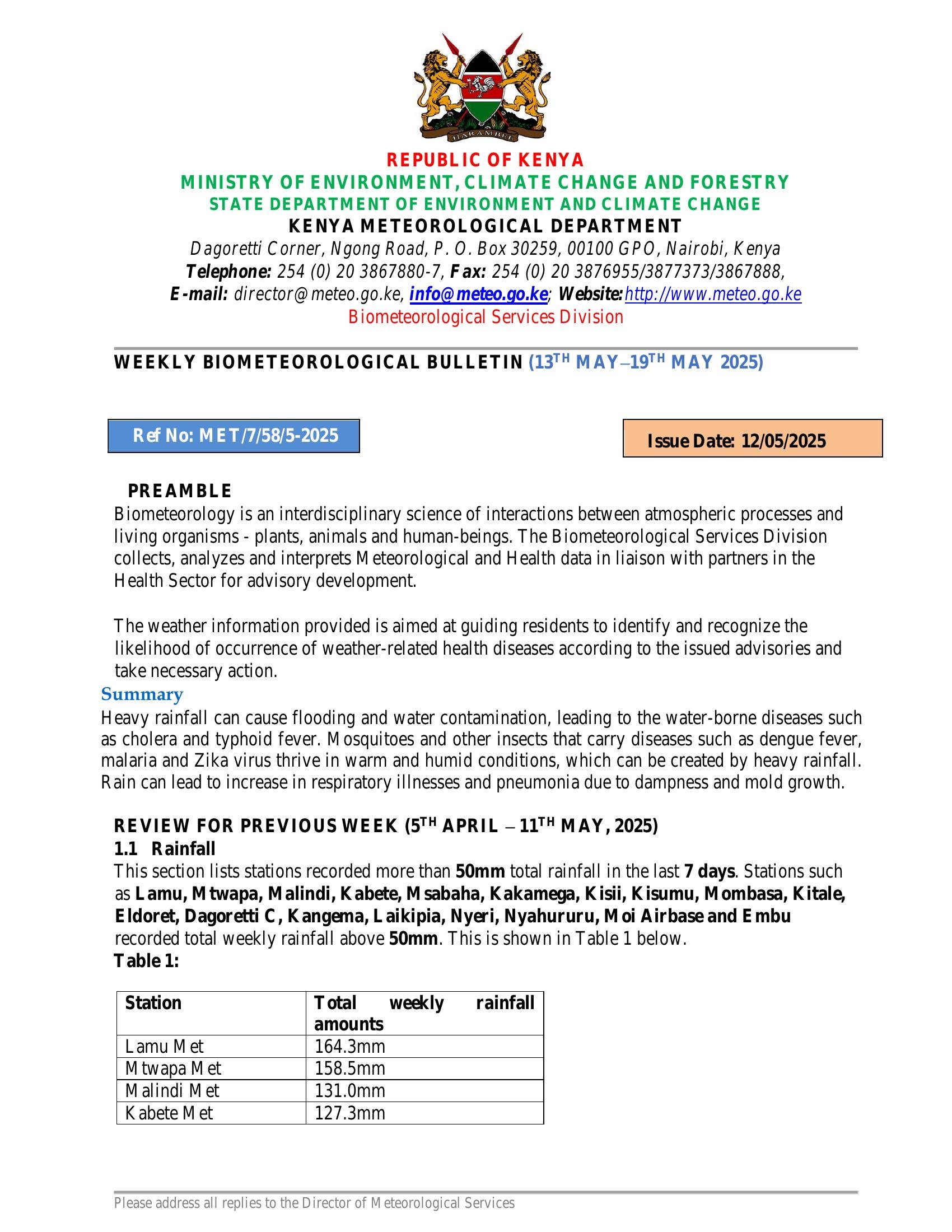 WEEKLY BIOMETEOROLOGICAL BULLETIN (13TH MAY–19TH MAY 2025)