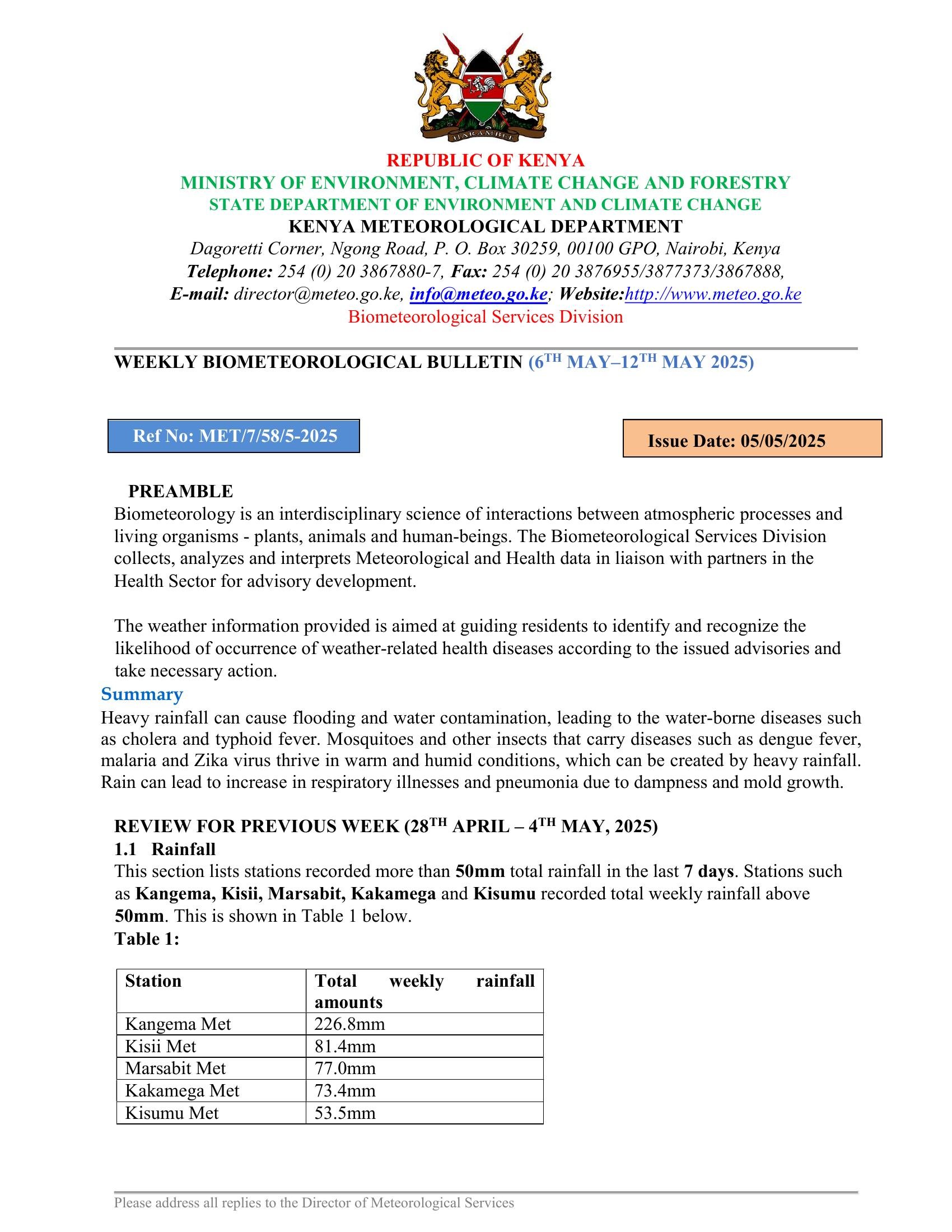 WEEKLY BIOMETEOROLOGICAL BULLETIN (6TH MAY–12TH MAY 2025)