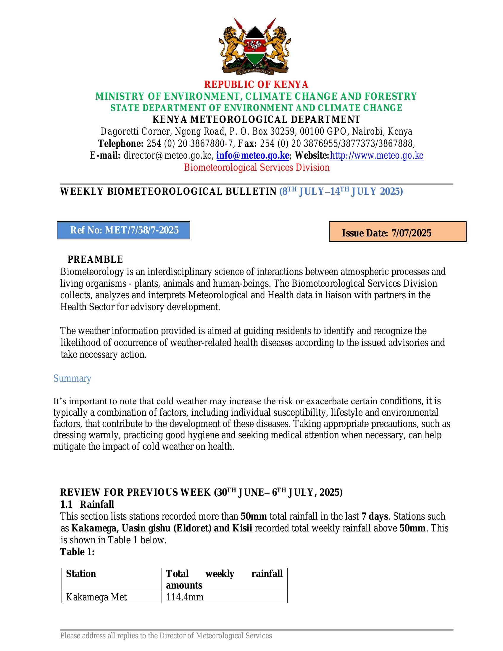 WEEKLY BIOMETEOROLOGICAL BULLETIN (8TH JULY–14TH JULY 2025)