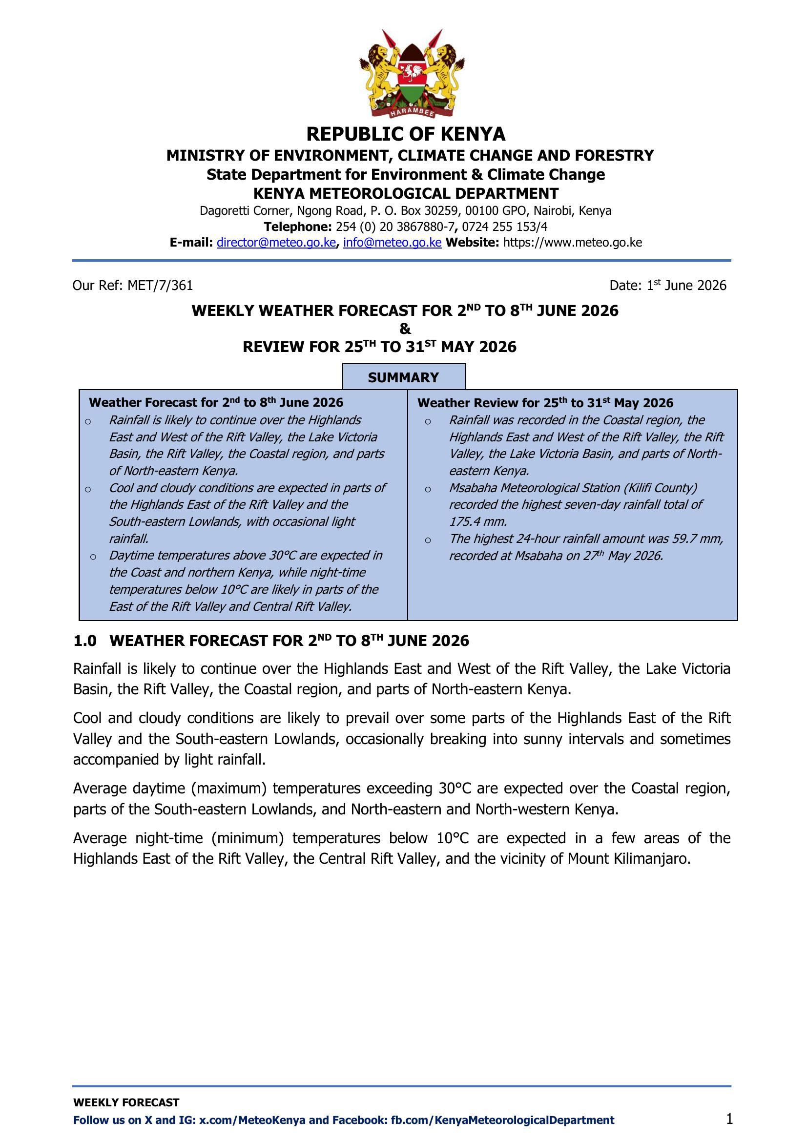 WEEKLY WEATHER FORECAST FOR 2ND TO 8TH JUNE 2026