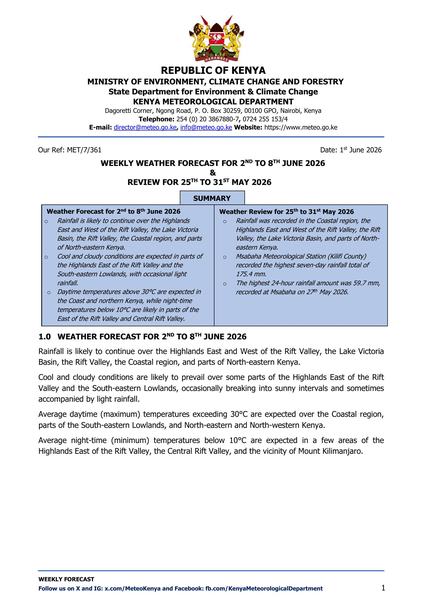 WEEKLY WEATHER FORECAST FOR 2ND TO 8TH JUNE 2026